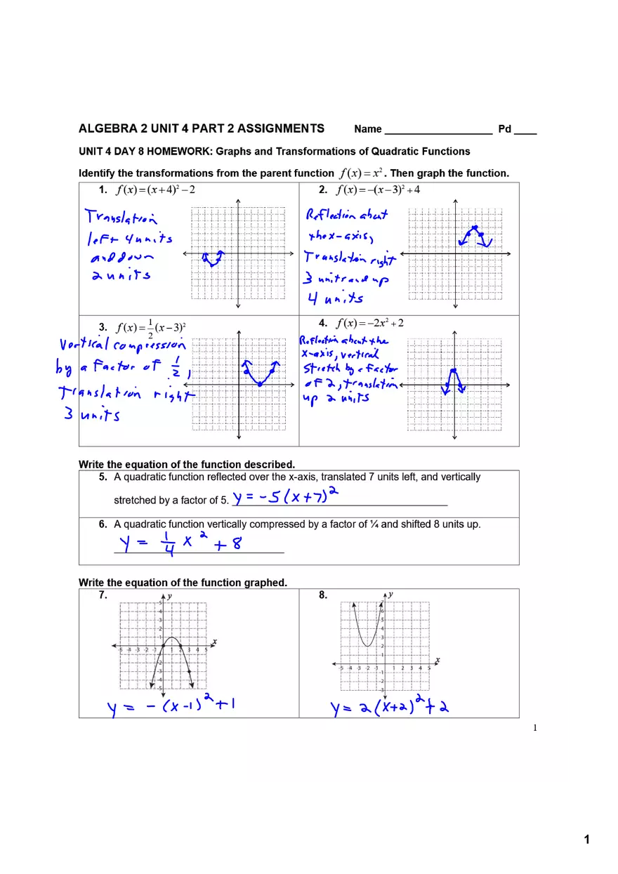 Algebra Unit 2 Day 8 Homework - Edubirdie