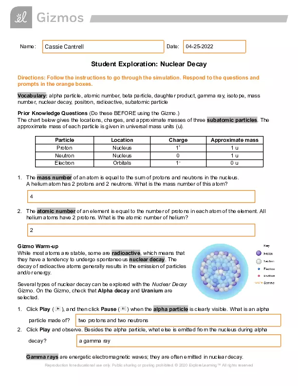 Nuclear Decay Gizmo Answer Key - Edubirdie